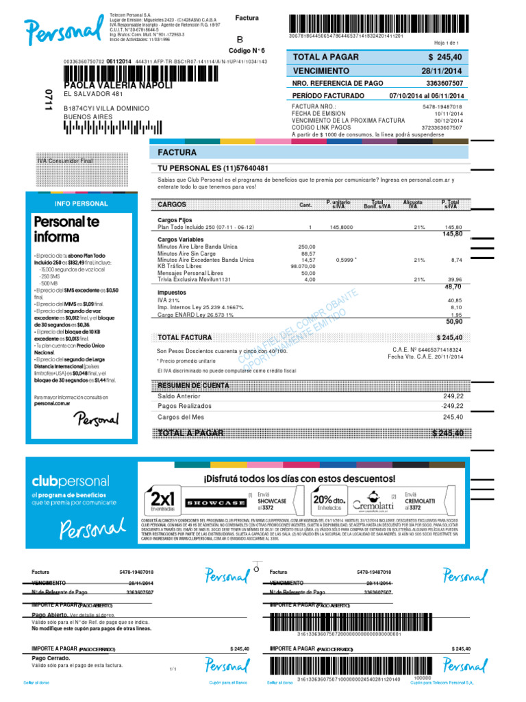Factura Telecom Personal: $245.40 a Pagar | PDF | Impuesto al valor ...