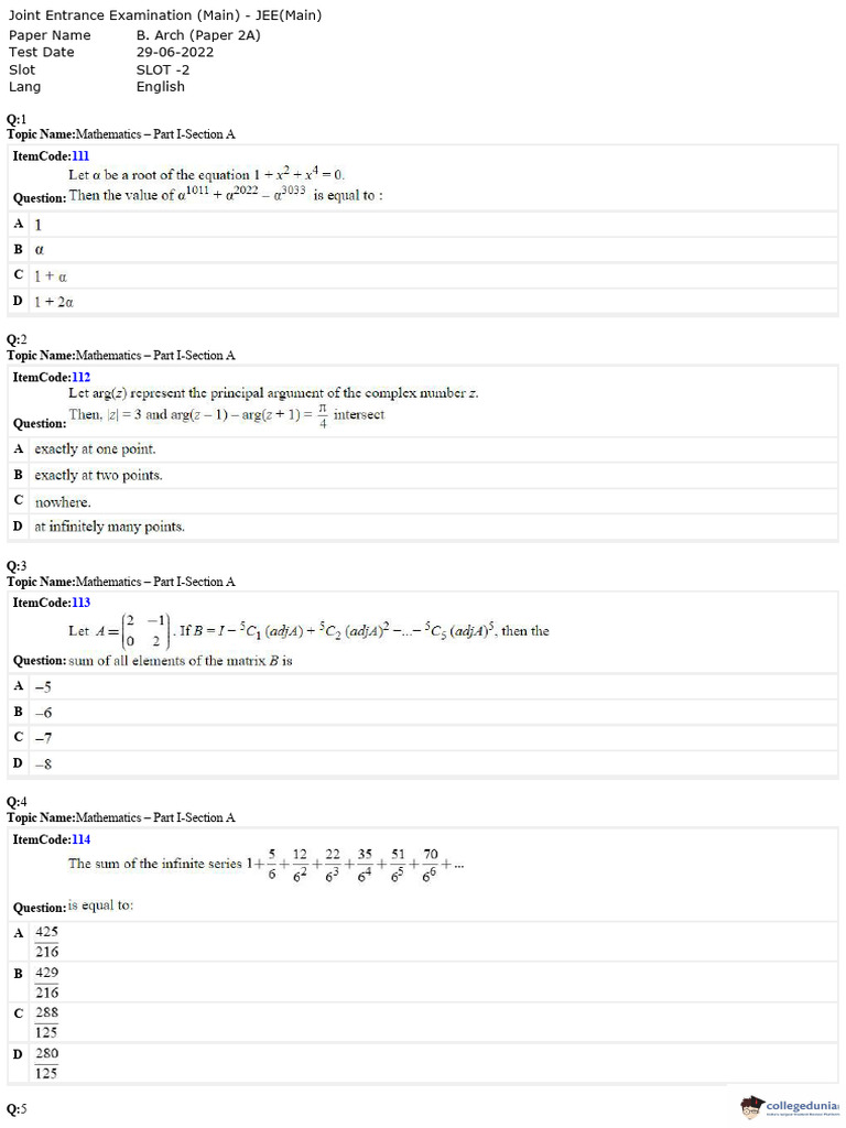 JEE Main 2022 June 29 Shift 2 B Arch Paper 2A 1 | PDF | Higher ...