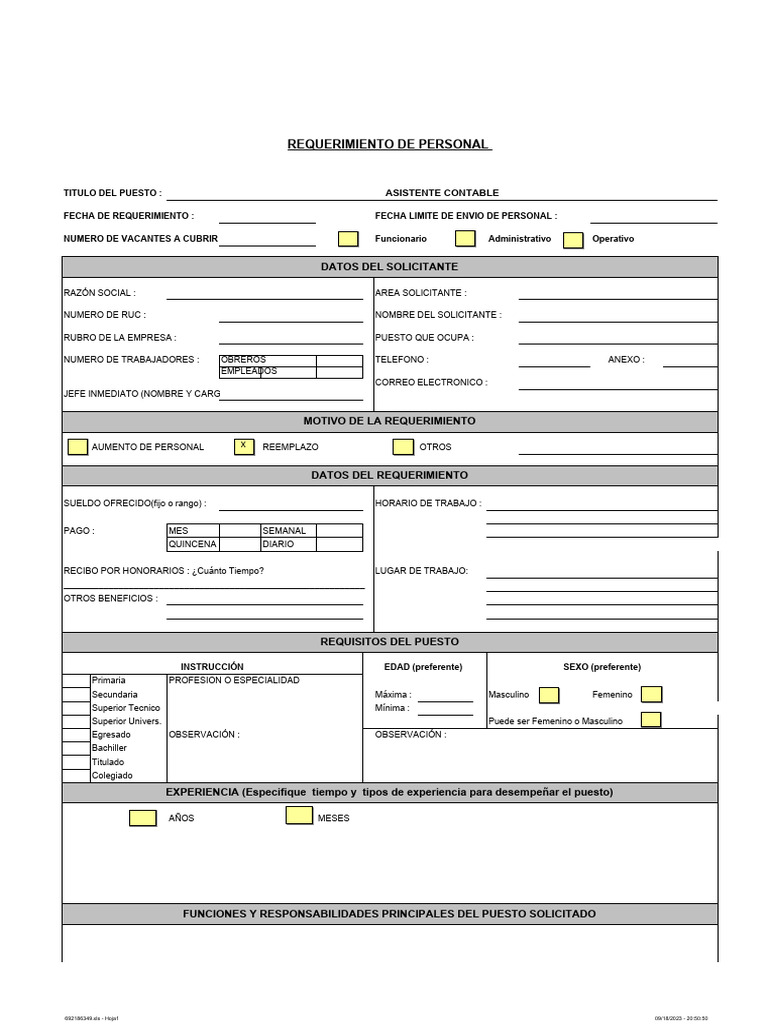 Ficha de Requerimiento de Personal en Excel | PDF