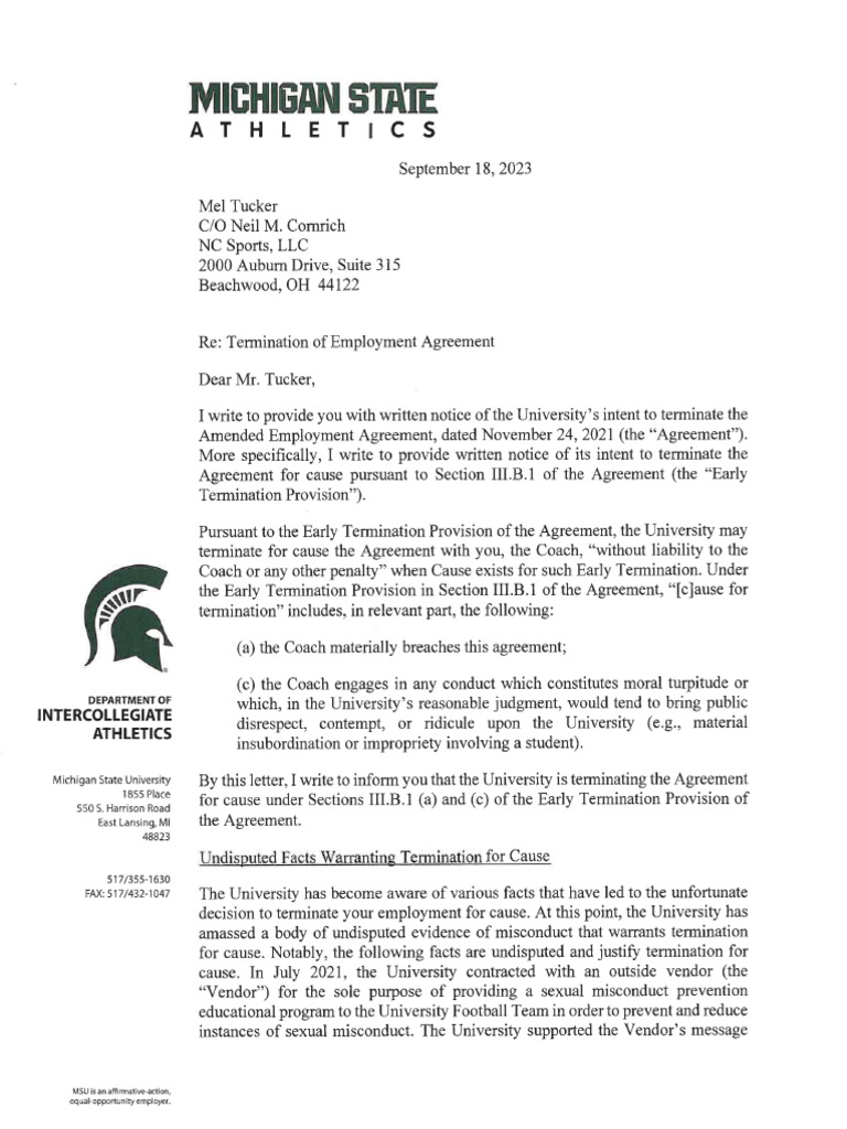 MSU Letter To Mel Tucker (Intent To Fire) | PDF