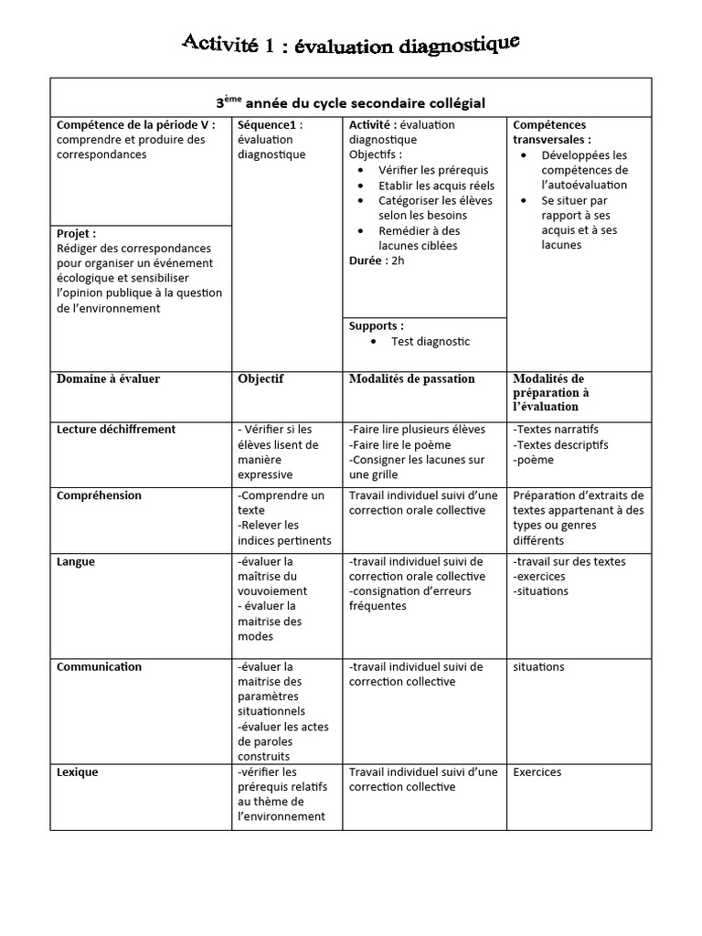Fiche Évaluation Diagnostique 3ASC - Docx Version 1 | PDF