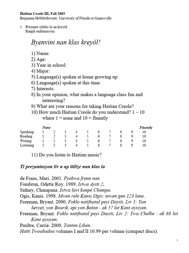 Byenvini Nan Klas Kreyòl! | PDF