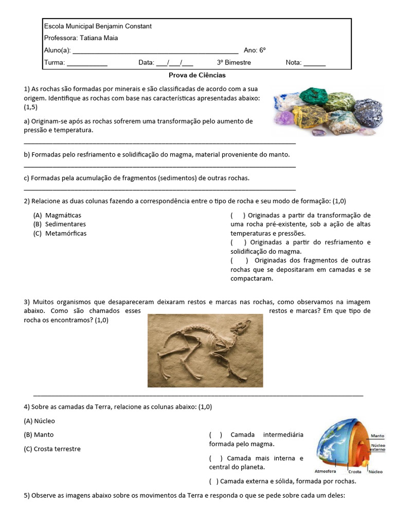 Prova de Ciências 6 Ano 3 Bim | PDF | Rochas (Geologia) | Magma