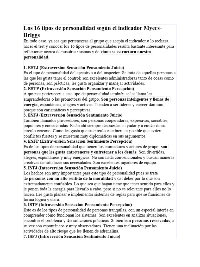 Los 16 tipos de personalidad según el indicador Myers | PDF ...