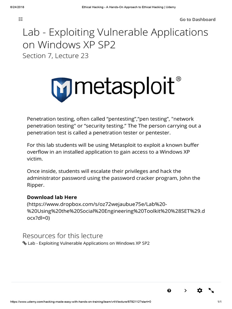 Lab - Exploiting Vulnerable Applications On Windows XP SP2: Section 7 ...