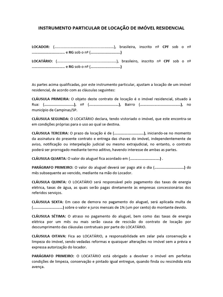 Contrato de Aluguel MODELO EM BRANCO | PDF | Aluguel | Direito Civil ...