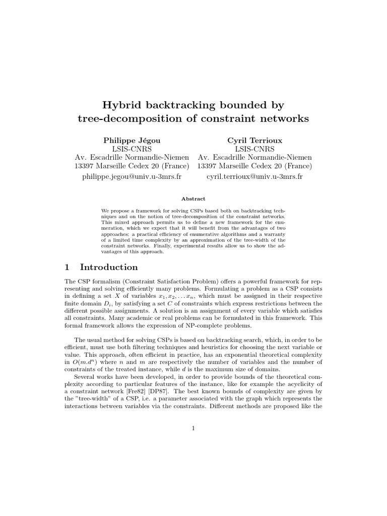 Hybrid Backtracking Bounded by Tree-Decomposition of Constraint Networks. | PDF | Discrete ...