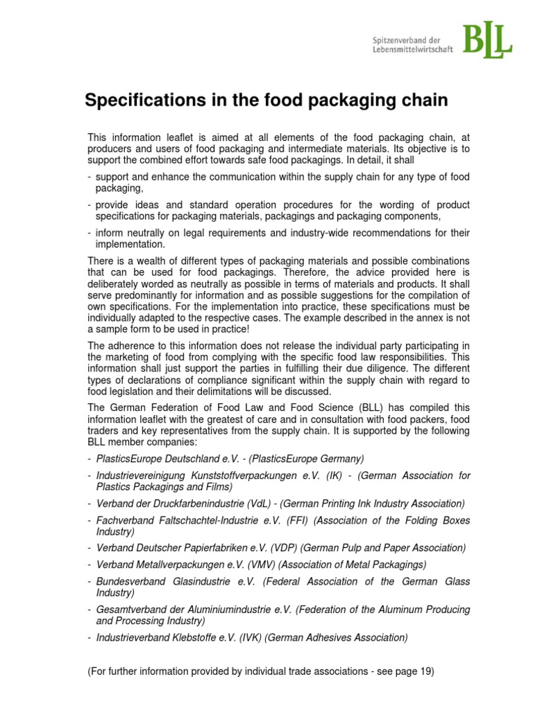 f1 Specifications in The Food Packaging Chain | Download Free PDF ...