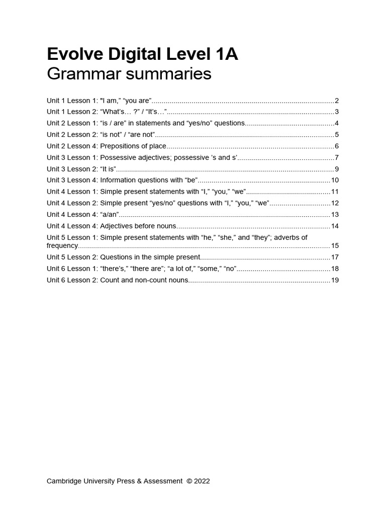 Evolve Digital Level 1A Grammar Summaries | PDF | Adjective | Plural