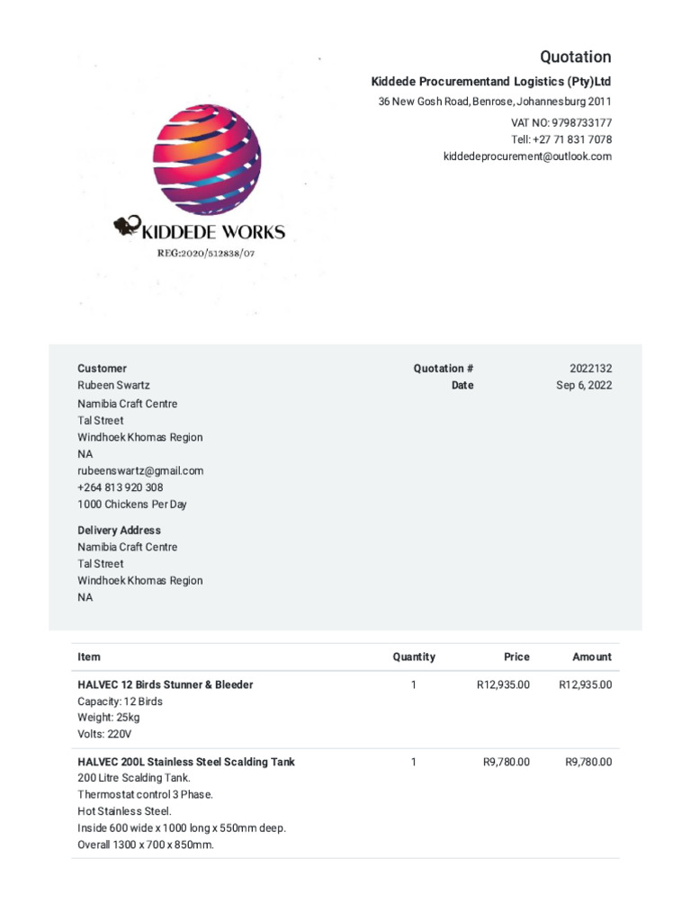 Rubeen - 1000 Chickens - Quotation #2022132 2022 | PDF | Materials