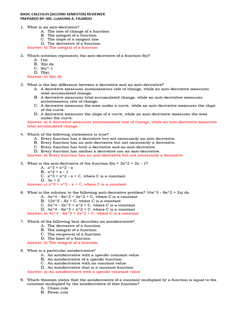 Basic Calculus Reviewer 2s 20062023 Answerkey Pdf Integral