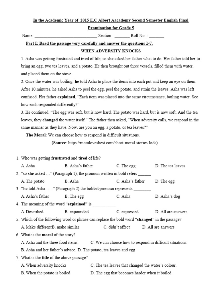 Grade 5 English Final Exam | PDF | Human Communication | Semantic Units