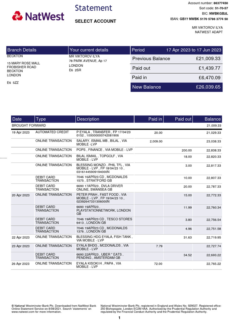 NatWest Account Statement Summary | PDF | Debit Card | Economies