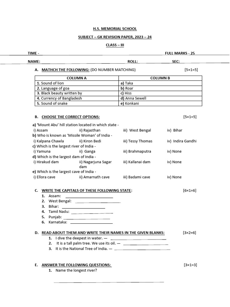 Class-3 GK Dummy Question Paper | PDF