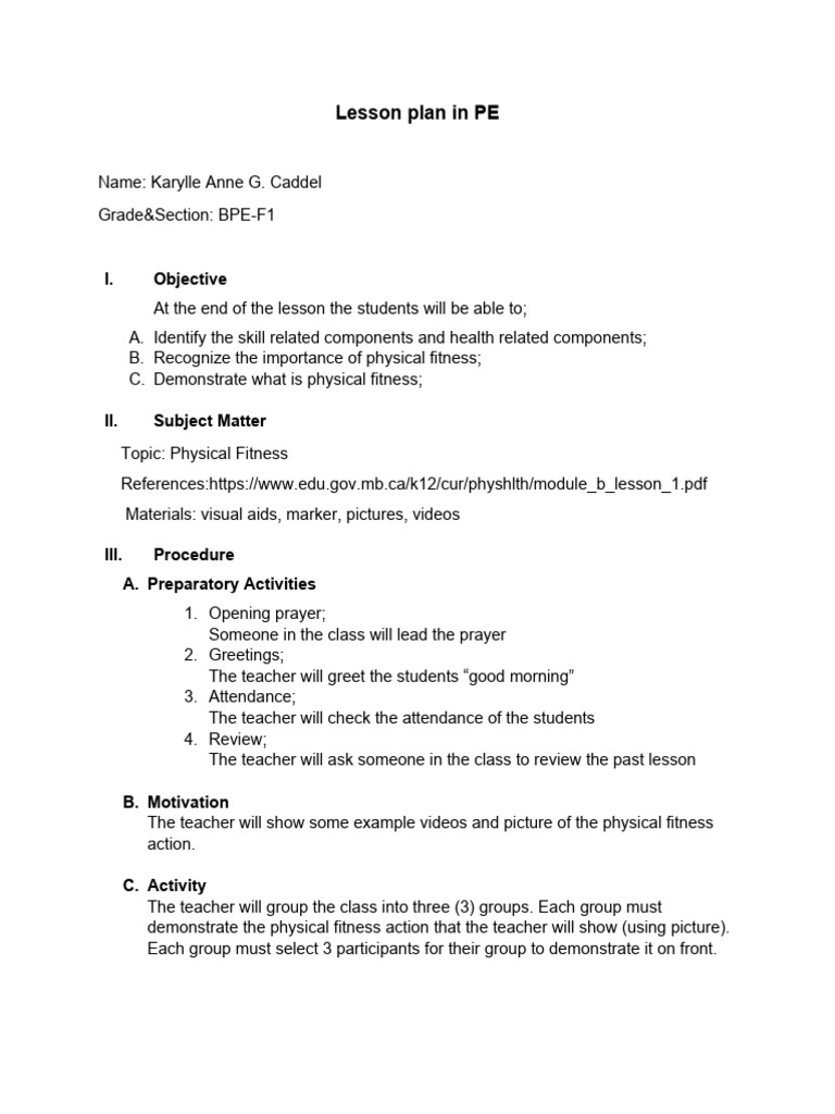 Lesson Plan in PE: I. Objective | PDF | Physical Fitness | Strength ...