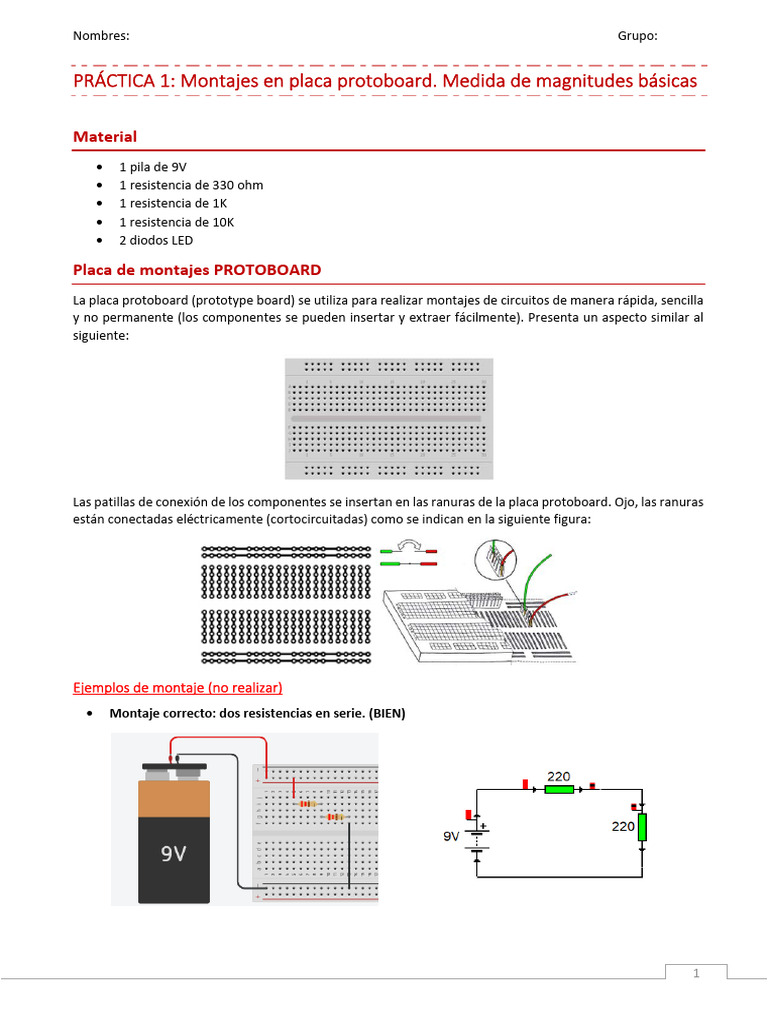 PRÁCTICA 1: Montajes en Placa Protoboard. Medida de Magnitudes Básicas ...