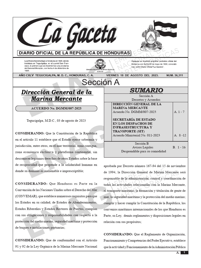 GACETA 18 DE AGOSTO 2023, 36,311 SECCION A (1) | PDF | Honduras | Minería