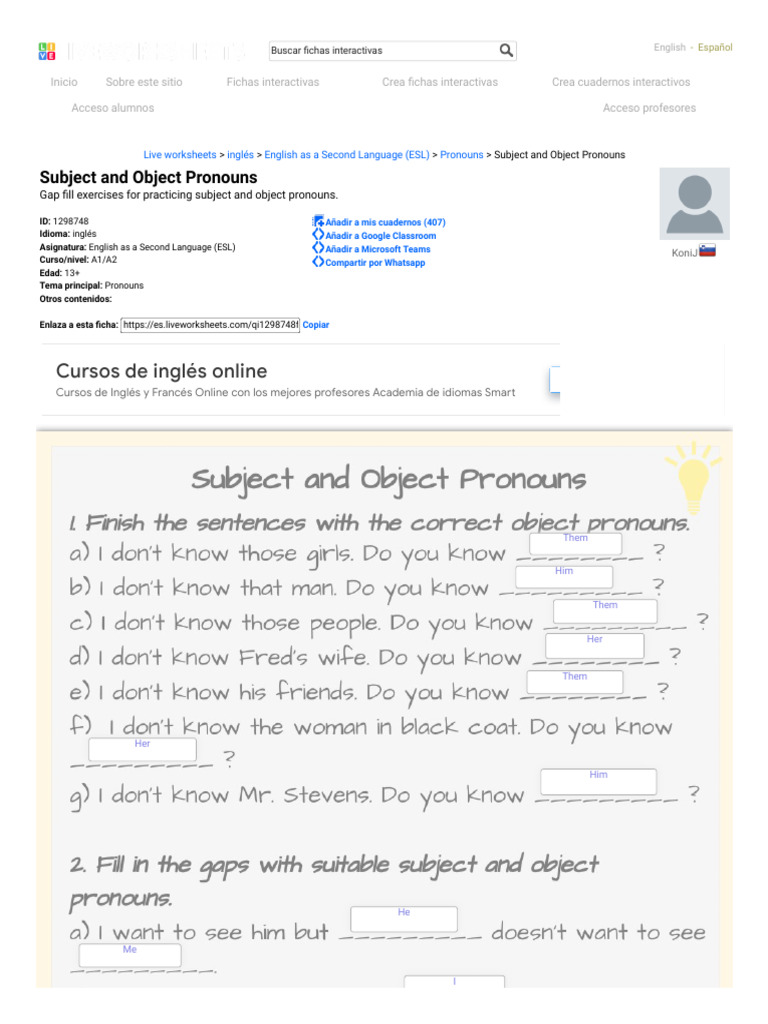 Subject and Object Pronouns - Ficha de English As A Second Language ...