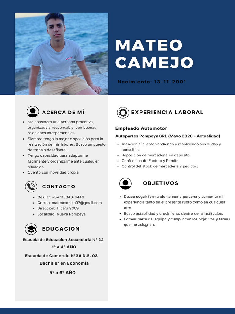 Curriculum Vitae Profesional de Hombre Con Foto Sencillo Azul | PDF
