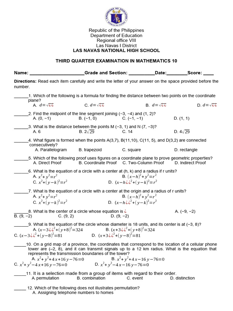 Math 10 Third Quarter Exam Guide | PDF | Mathematics