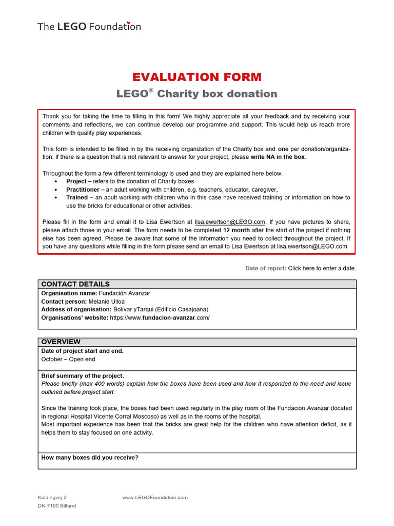 Evaluation Form For The LEGO Foundation Charity Box Donations ...
