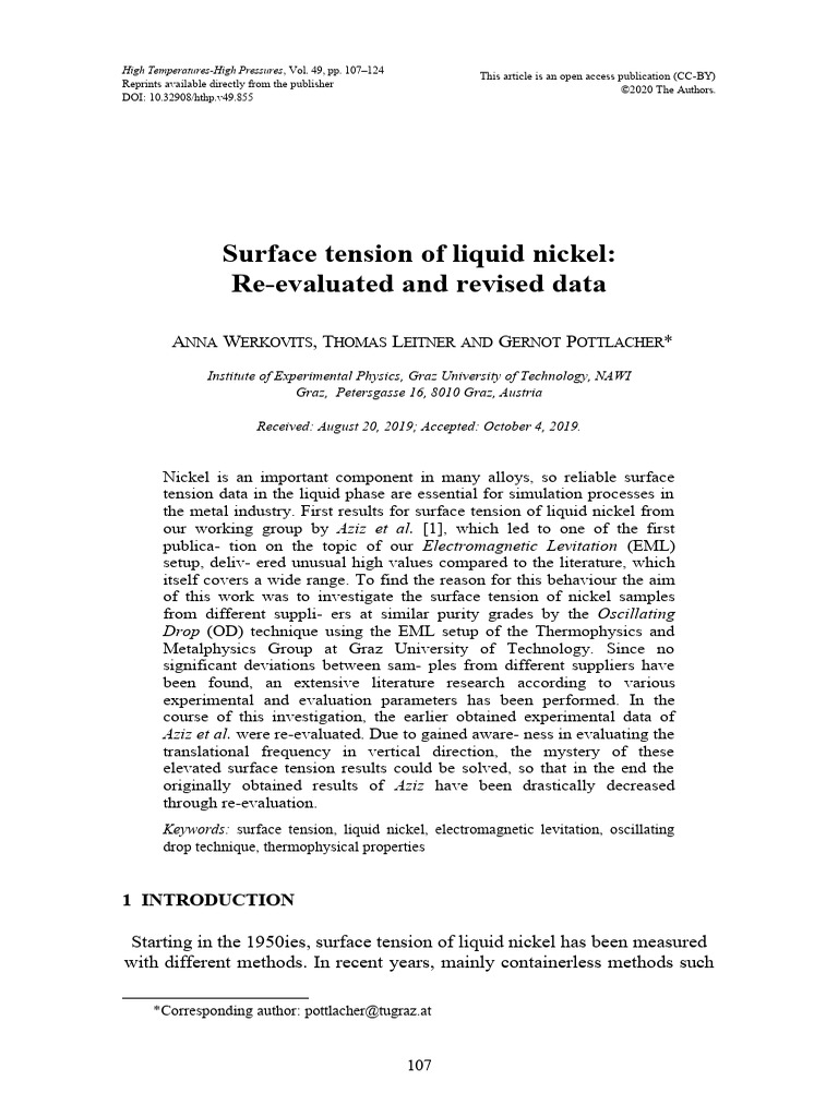Surface Tension of Liquid Nickel | PDF | Surface Tension | Temperature