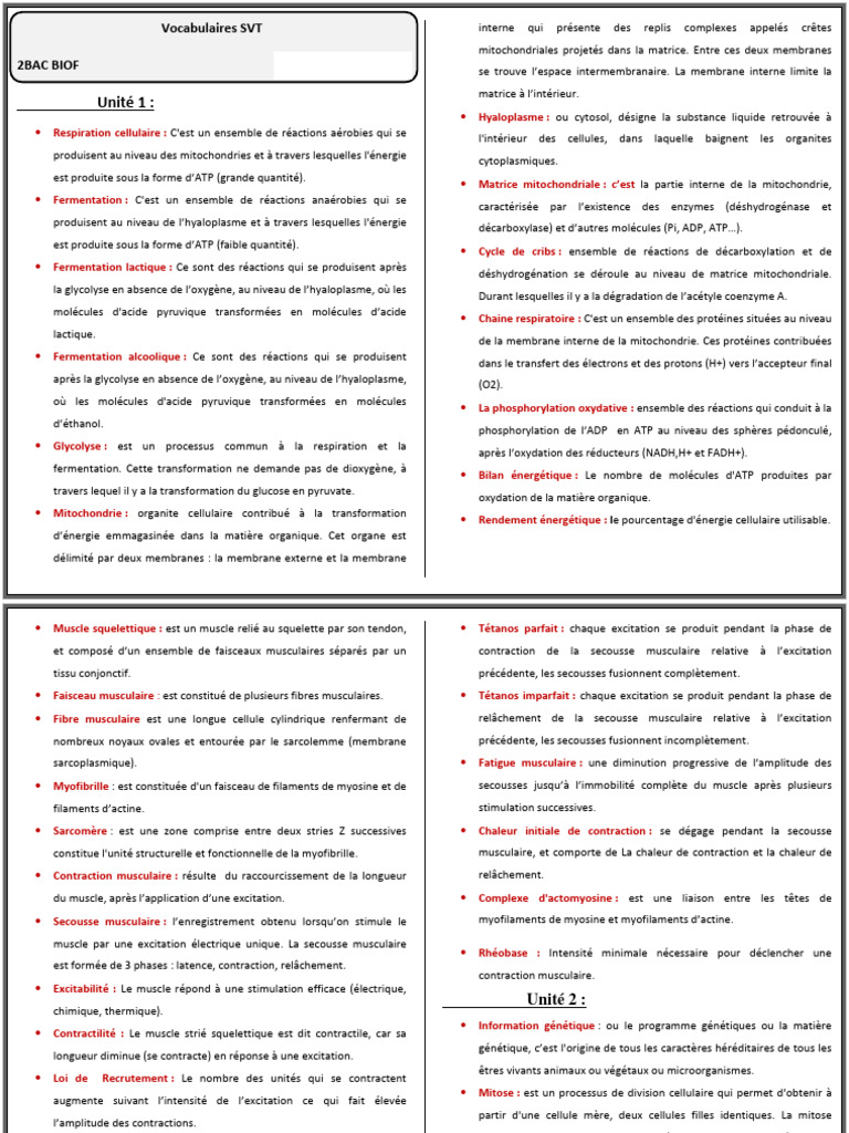 Définitions SVT 2BAC Biof Unité 1 | PDF | ADN | Muscle squelettique