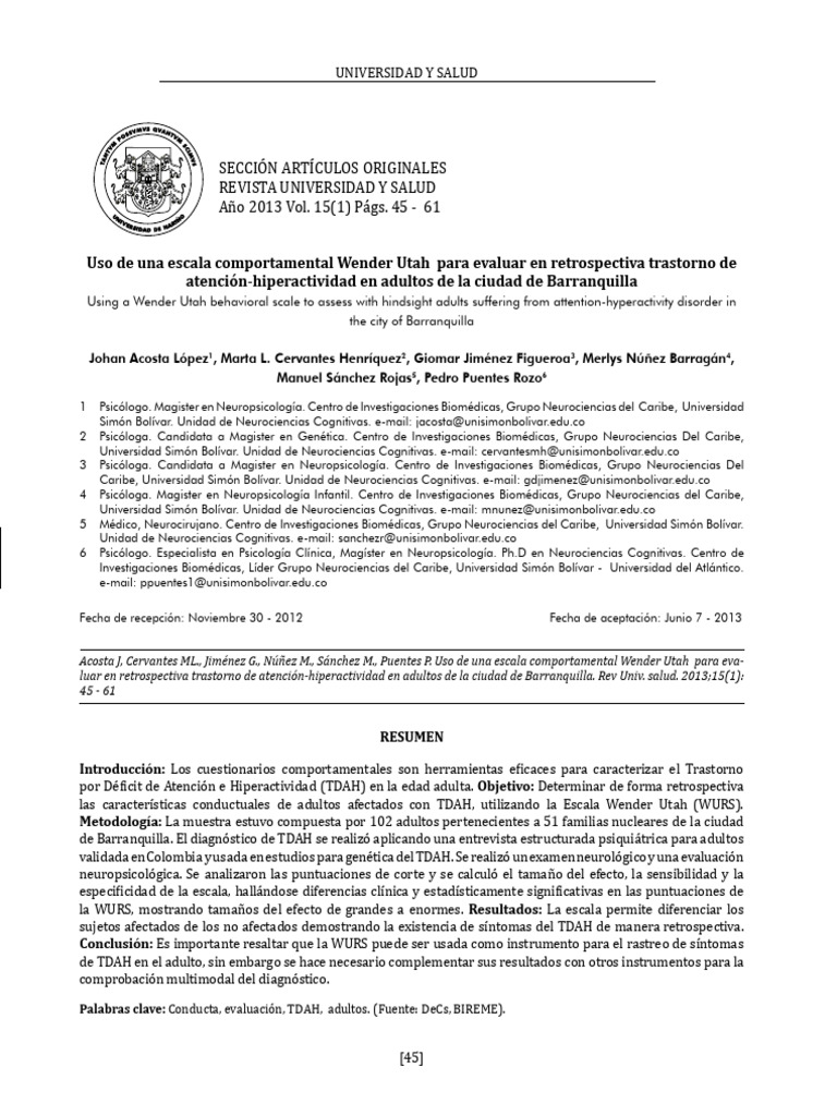 Uso_de_una_escala_comportamental_Wender | PDF | Desorden hiperactivo y ...