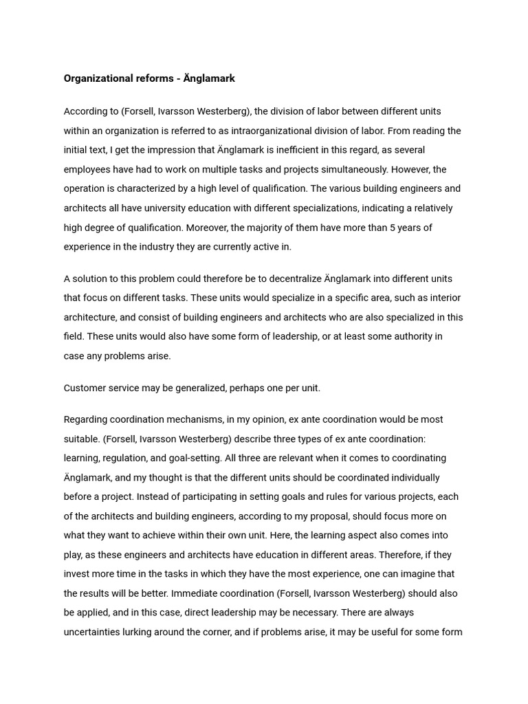 Organizational Reforms For The Swedish Company Änglamark | PDF | Career ...
