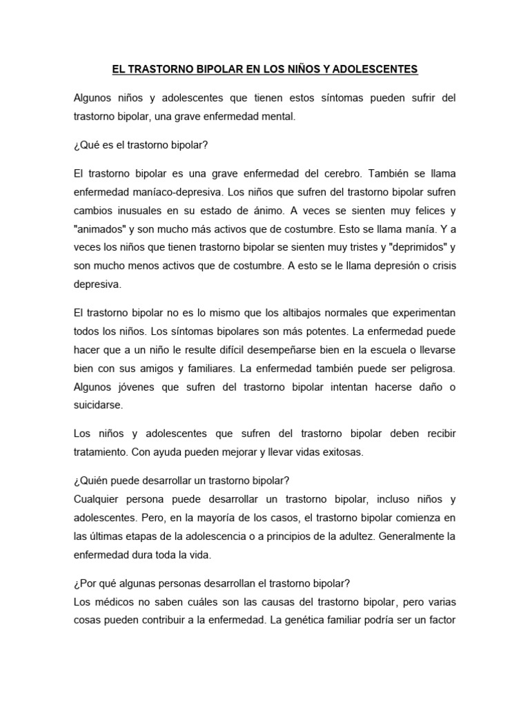 El Trastorno Bipolar en Los Niños y Adolescentes | PDF