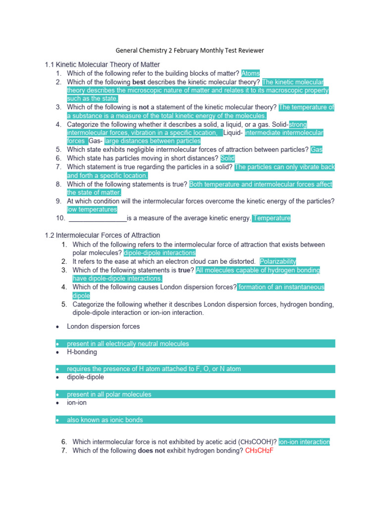 General Chemistry 2 February Monthly Test Reviewer | PDF ...