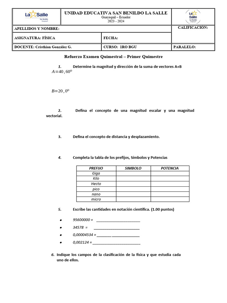 Cuestionario Examen Quimestral Fisica Primer Periodo | PDF | Velocidad | Vector Euclidiano