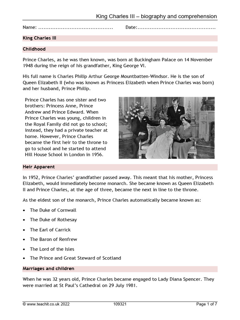 King Charles III Comprehension Teachit - 0 | PDF | Elizabeth Ii | Royalties