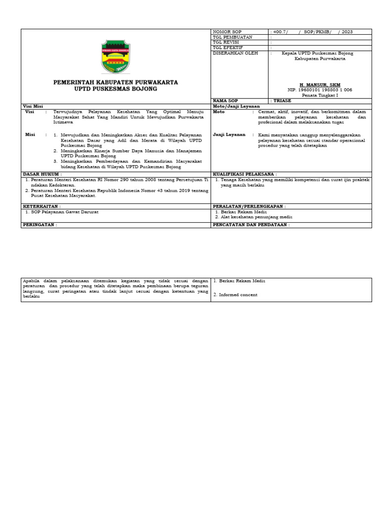 SOP Triase Pelayanan Kesehatan Bojong | PDF