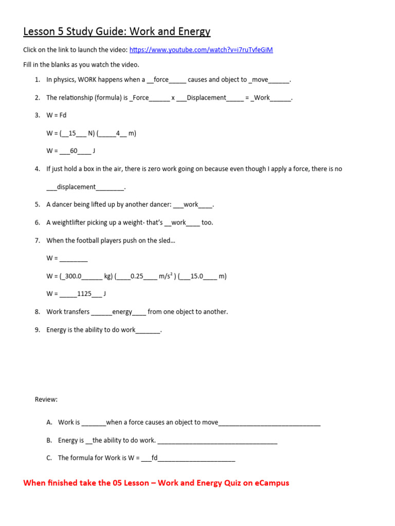 Lesson 5 Study Guide - Work and Energy | PDF | Computers