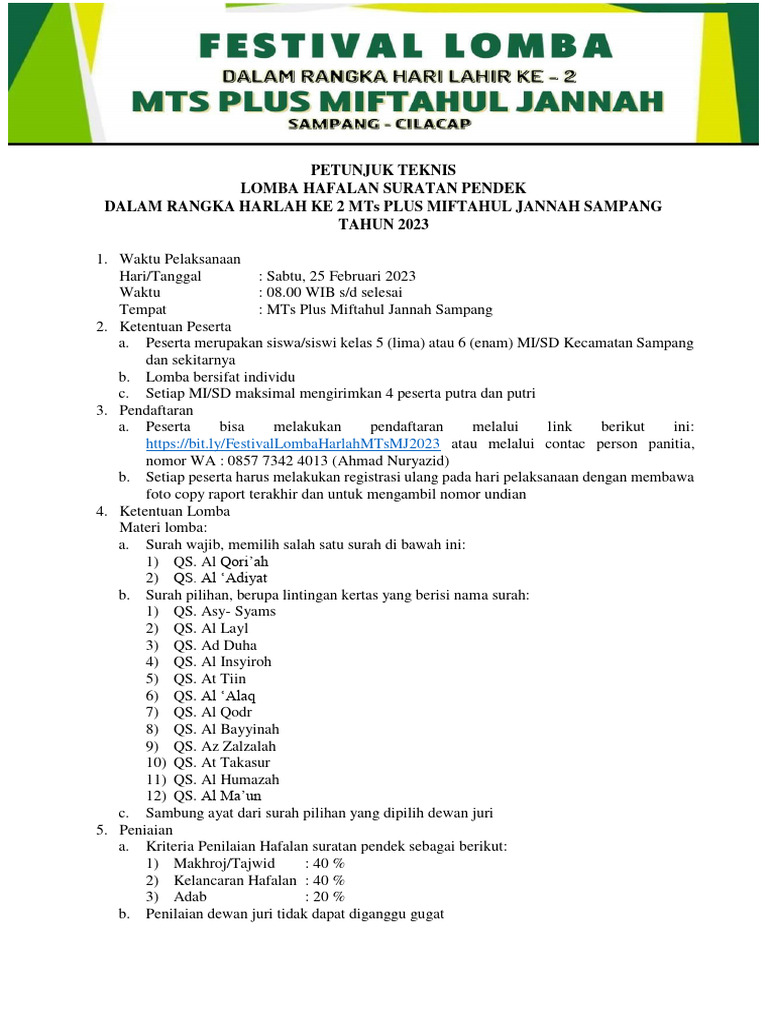 Lomba Hafalan dan Kreativitas Islami 2023 | PDF