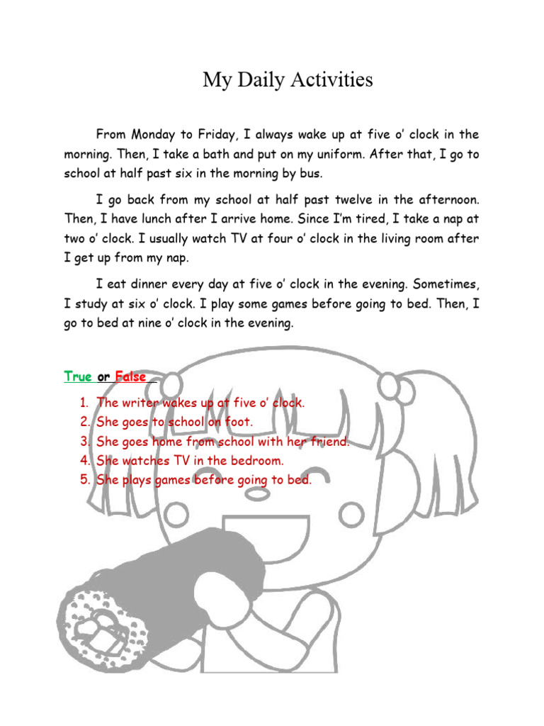 My Daily Activities Reading Comprehension Exercises - 141266 | PDF