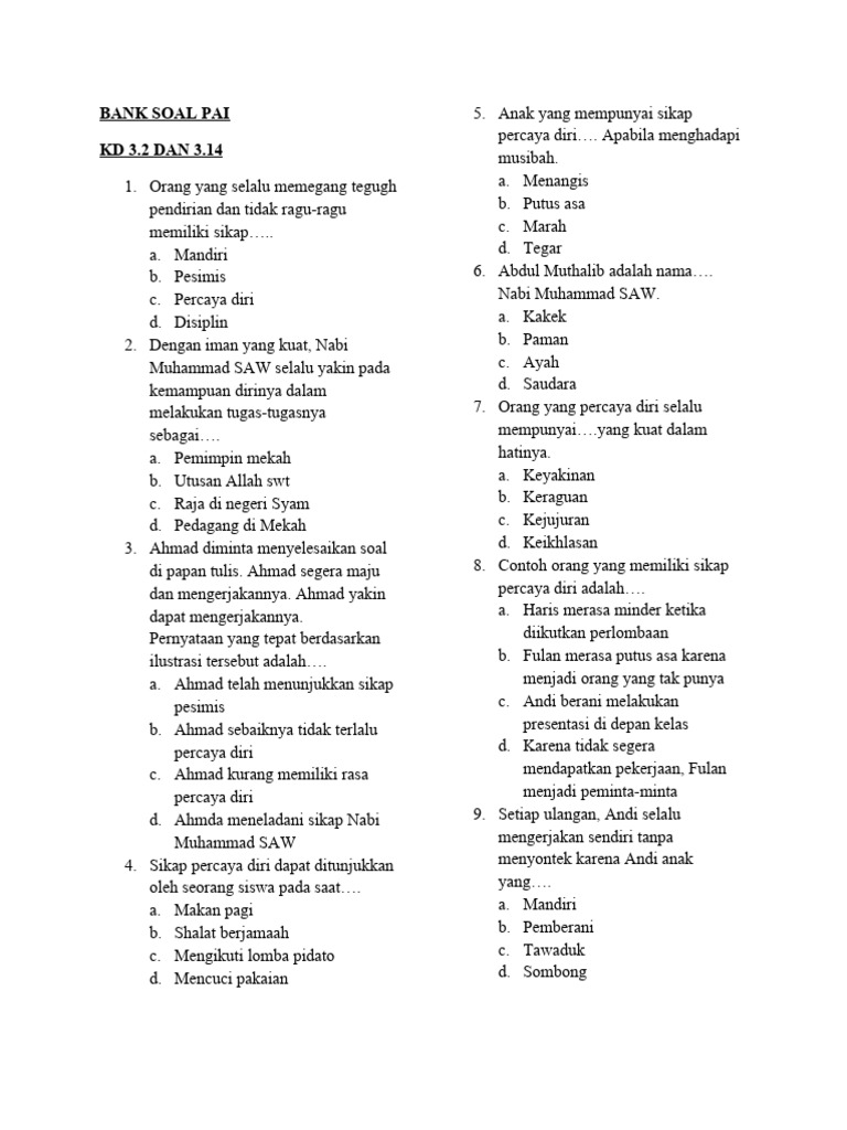 Bank Soal Pai Pelajaran 1 Dan 2 | PDF