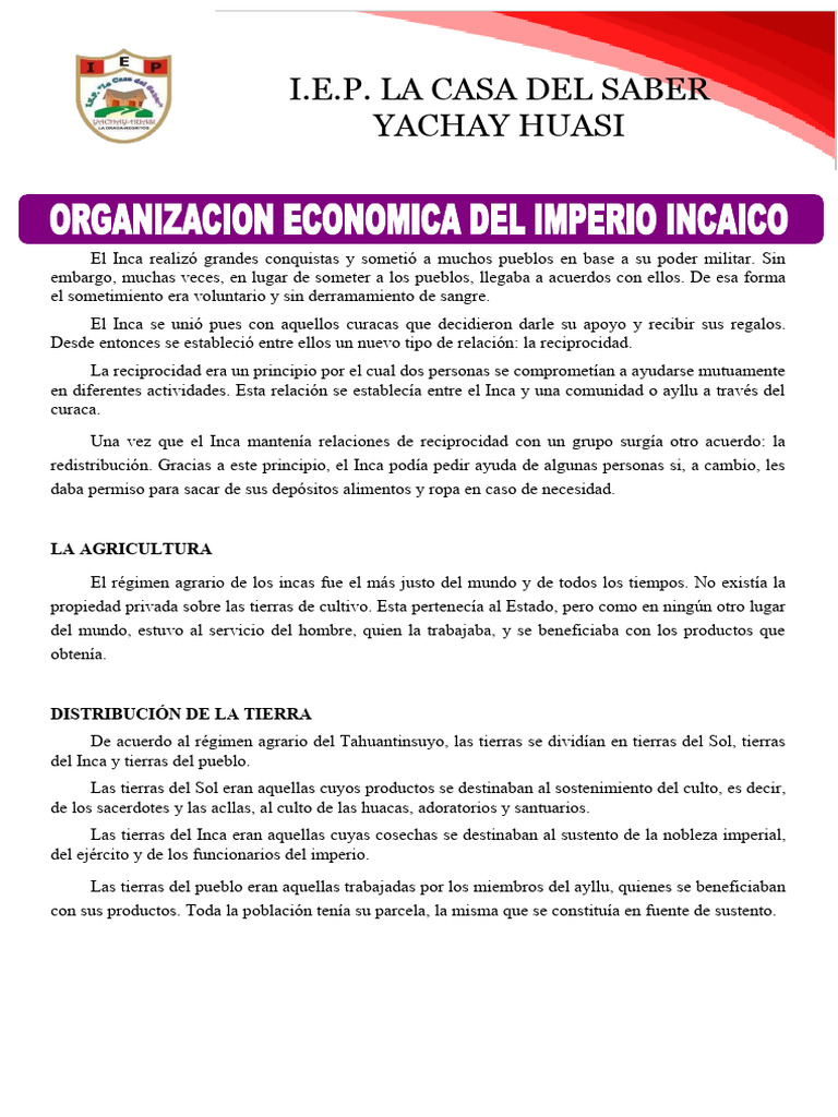 Organizacion Economica Del Imperio Incaico para Cuarto de Primaria | PDF | Imperio Inca ...