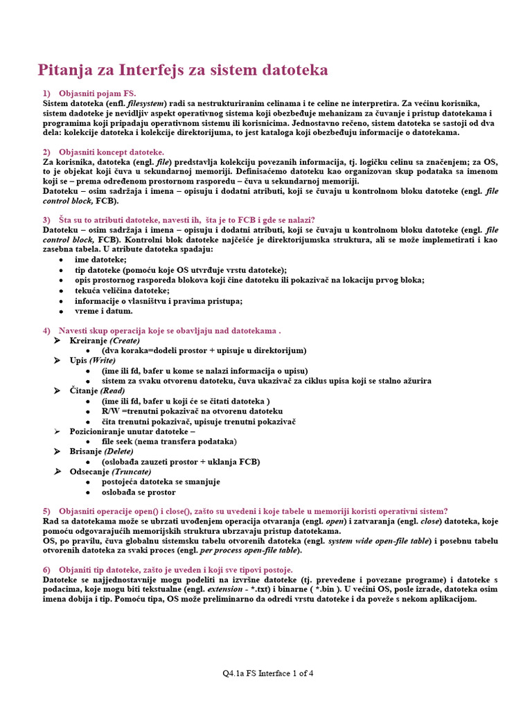 04.1a. Pitanja Za Interfejs Za Sistem Datoteka (Nije Potrebno) | PDF