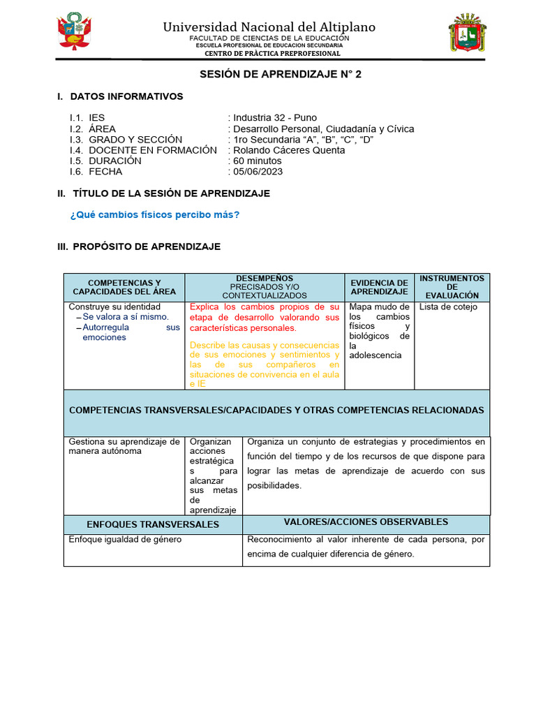 Sesión de Aprendizaje DPCC 2023 | PDF | Aprendizaje | Adolescencia