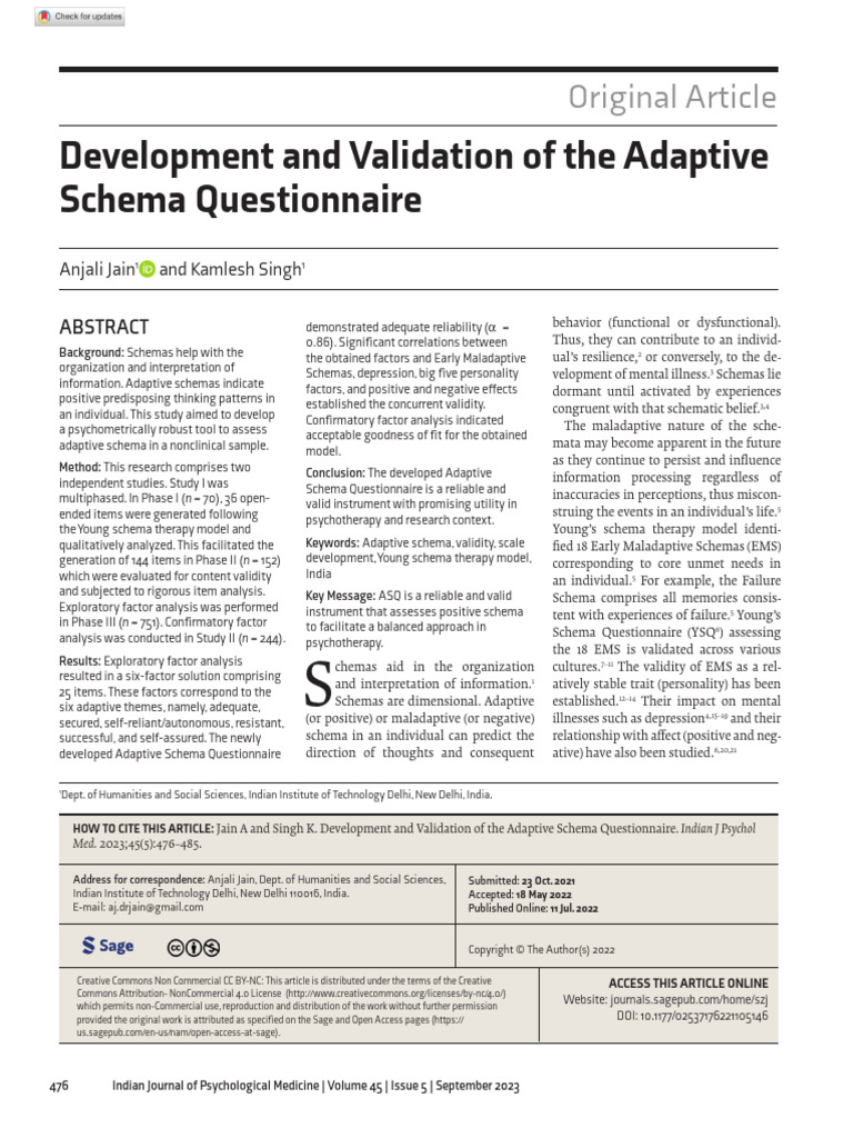 Jain Singh 2022 Development and Validation of The Adaptive Schema Questionnaire | PDF | Schema ...