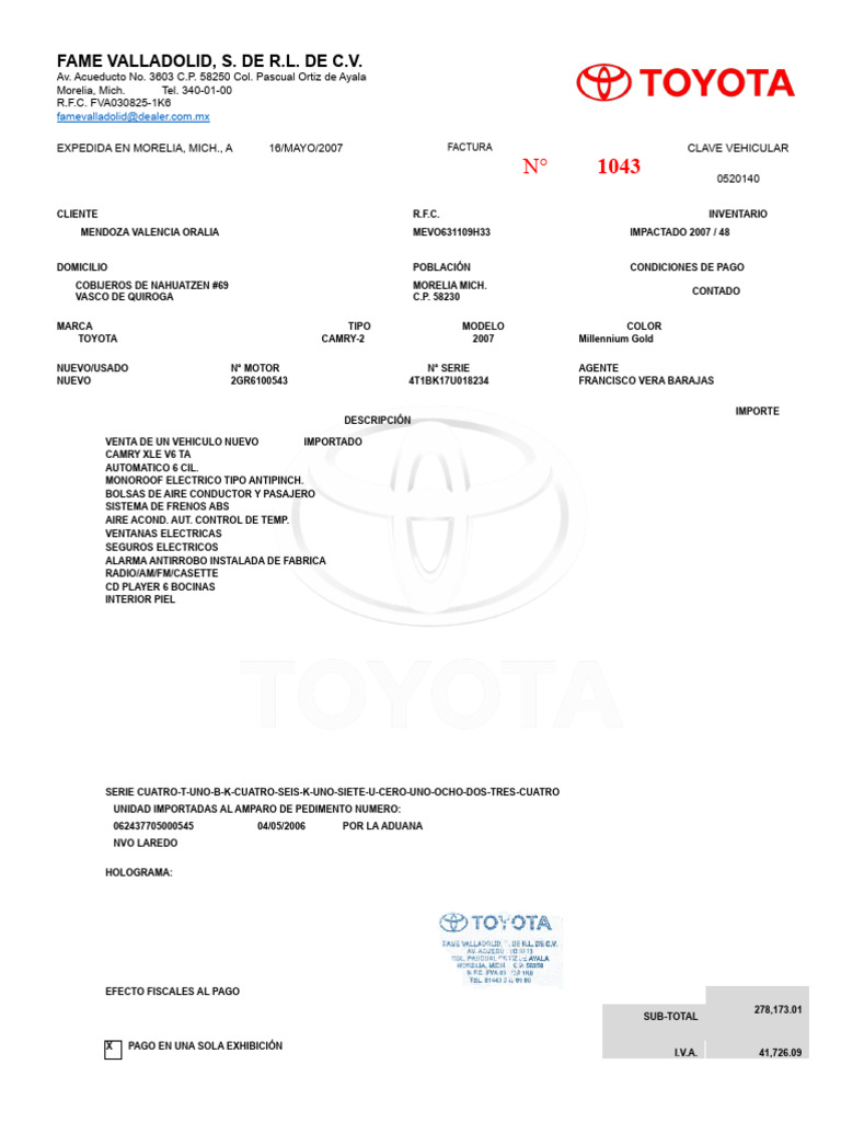 Factura Toyota | PDF | Vehículo de motor | Vehículos de ruedas
