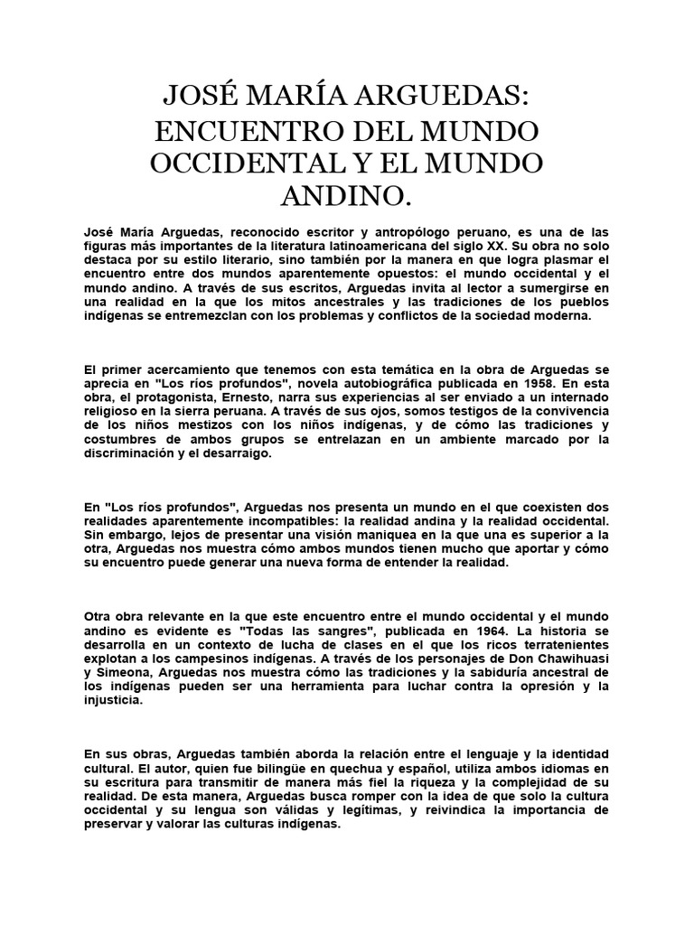 José María Arguedas Encuentro Del Mundo Occidental y El Mundo Andino | PDF