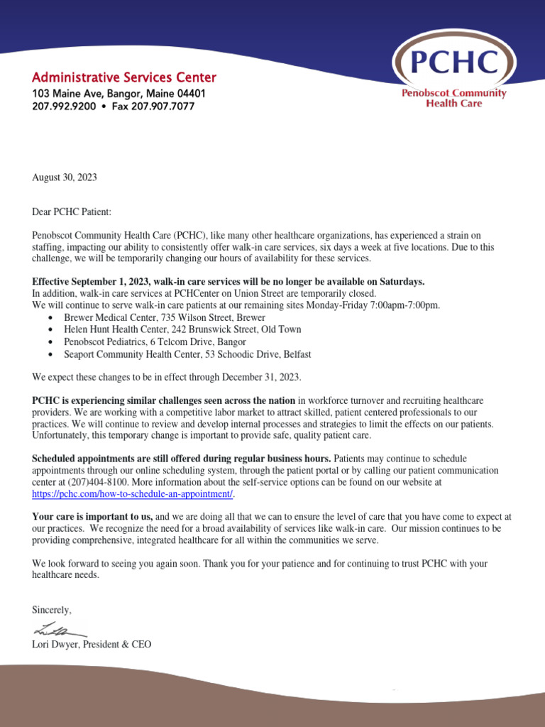 PCHC Announces Change To Walk-In Care Hours | PDF