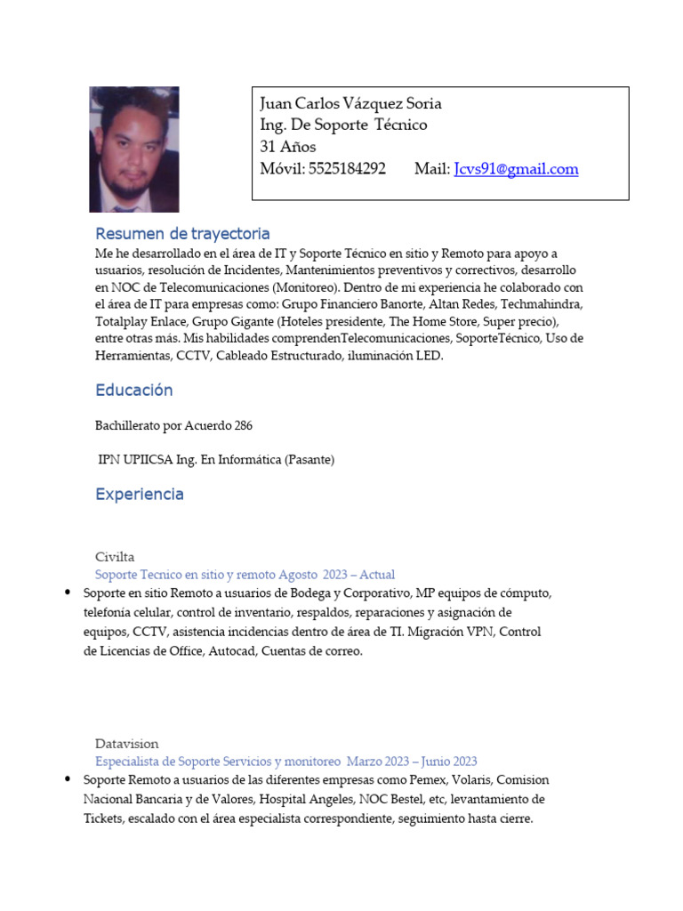 CV-Juan Carlos Vazquez Soria 2023 | PDF | Soporte técnico | Mesa de ayuda
