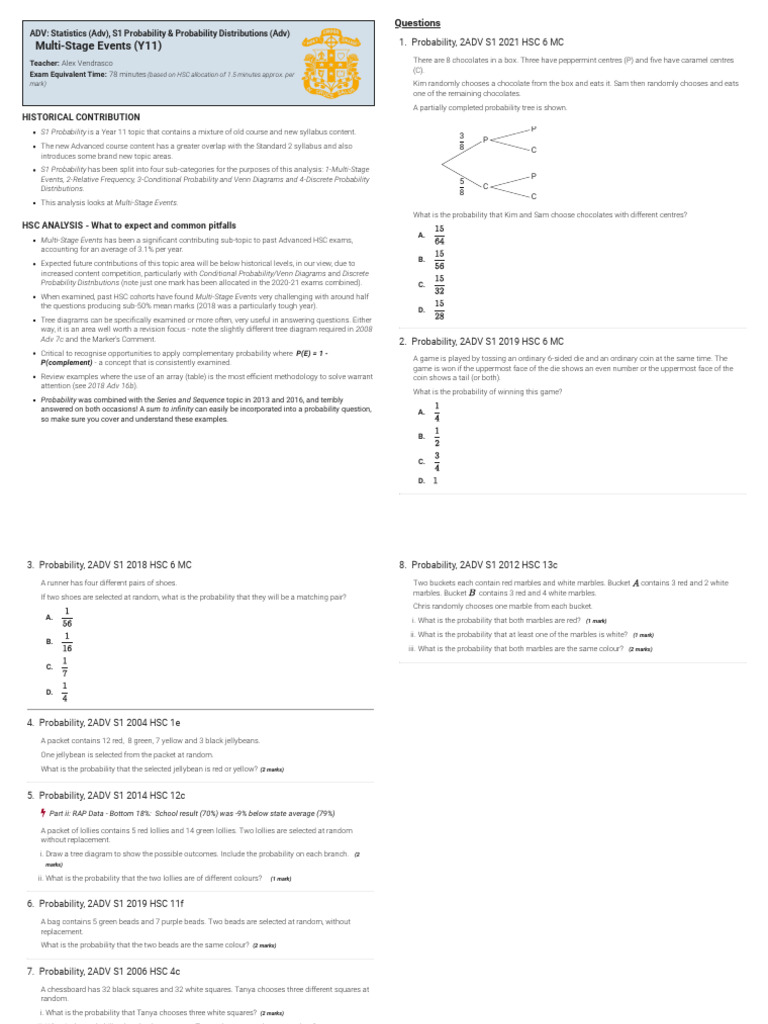 Multi Step Experiments HSC Questions | PDF | Probability Distribution ...