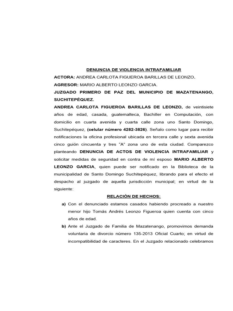 Denuncia de Violencia Intrafamiliar ANDREA DE LEONZO | PDF | Justicia ...