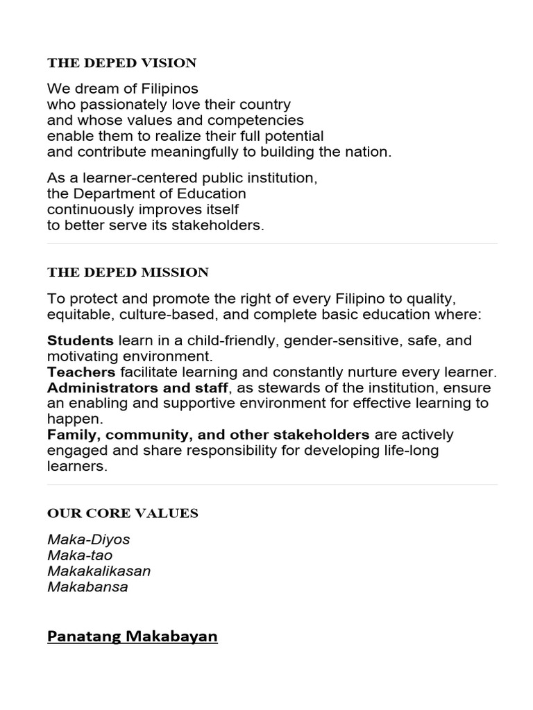 DepEd Mission, Vision, and Core Values | PDF