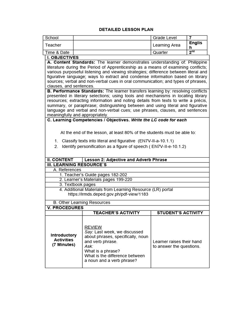 Grade 7 English Lesson Plan | PDF | Learning | Cognitive Science